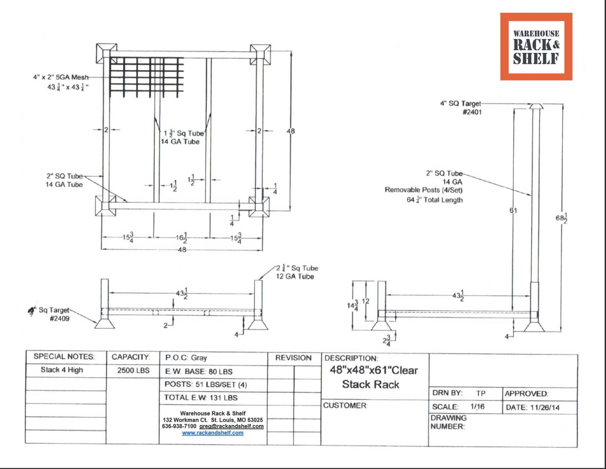 48" d. x 48" w. x 69" h. Portable Stack Racks - Warehouse Rack and Shelf