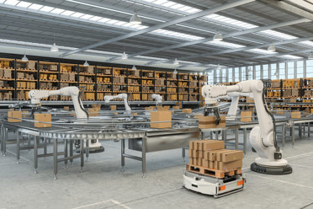 Warehouse Robot with Articulating Arm Picks Sorts Loads and Unloads ...