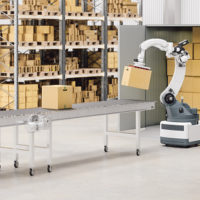 Warehouse Robot with Articulating Arm Picks Sorts Loads and Unloads ...