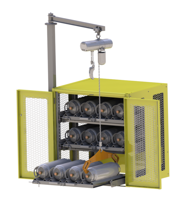 Propane Tank Storage Cabinet with Glide Out Shelves, Lift Assist Crane ...