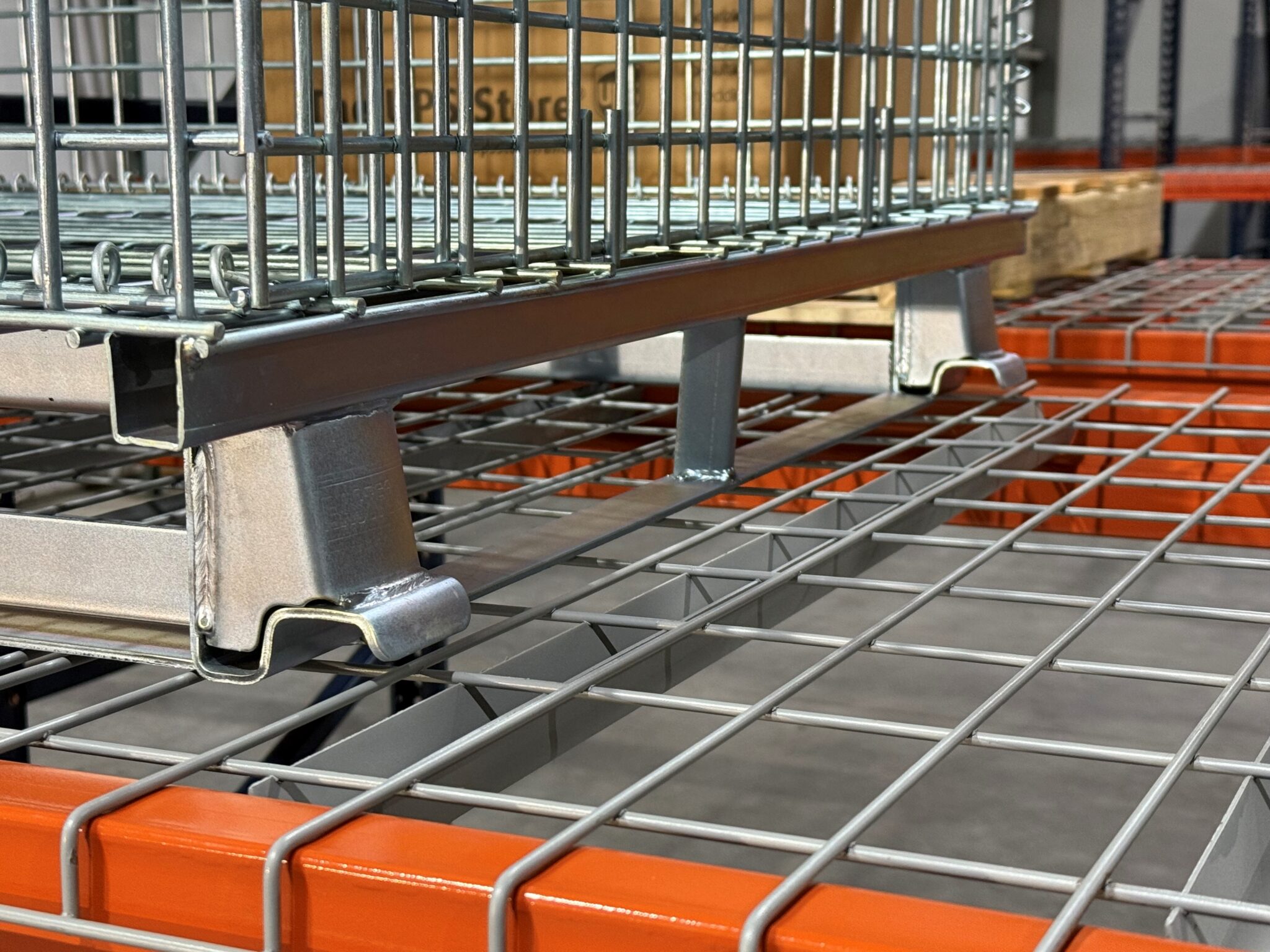 Rackable Wire Containers with Runners Stored in Pallet Racking