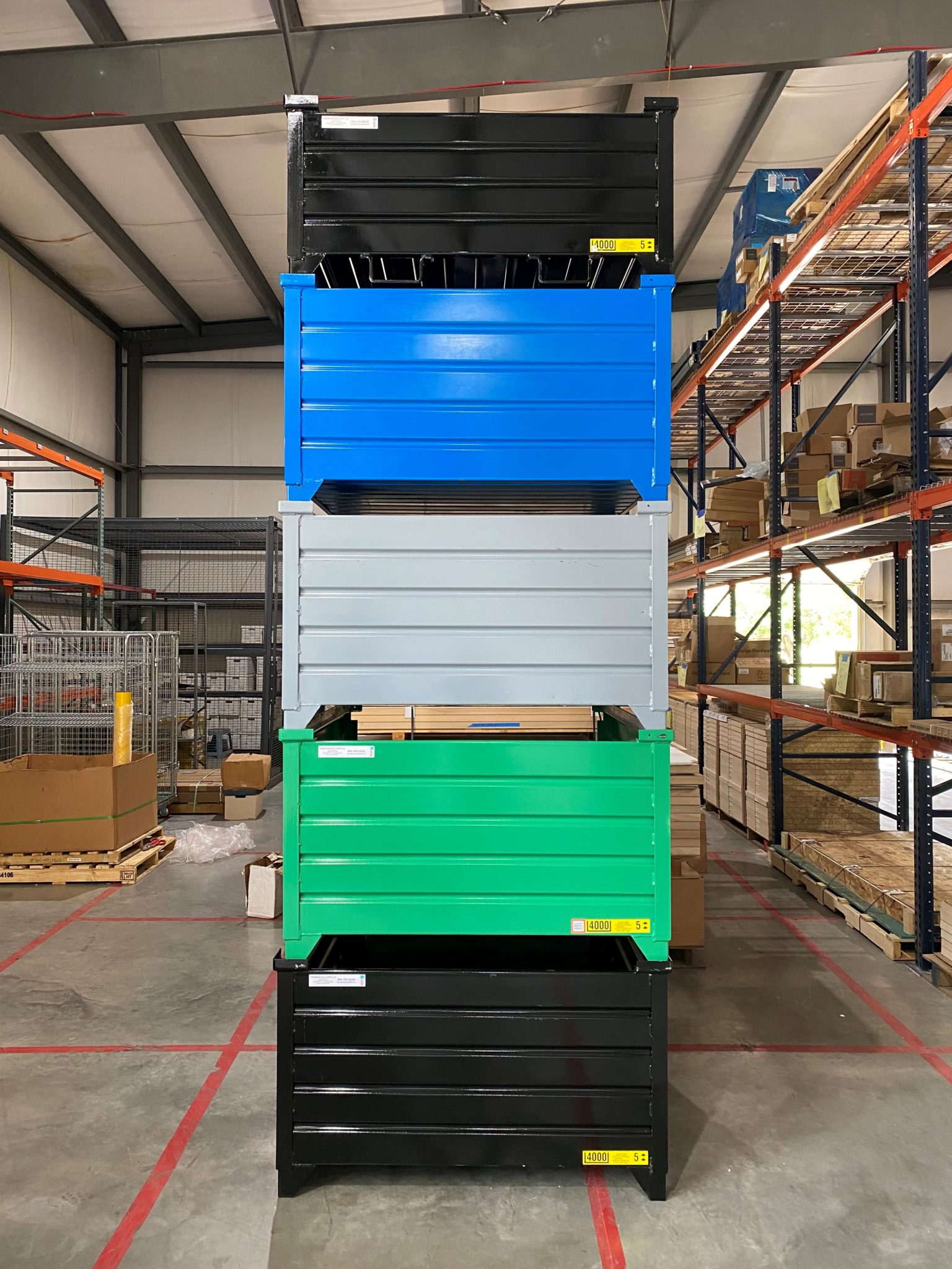 Stackable Corrugated Steel Totes | Warehouse Rack and Shelf